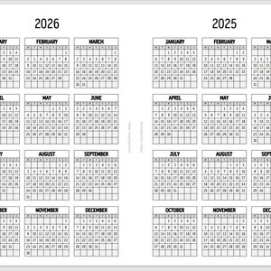 Printable 2025 & 2026 Year on 1 Page Calendar | Half Letter Planner ...