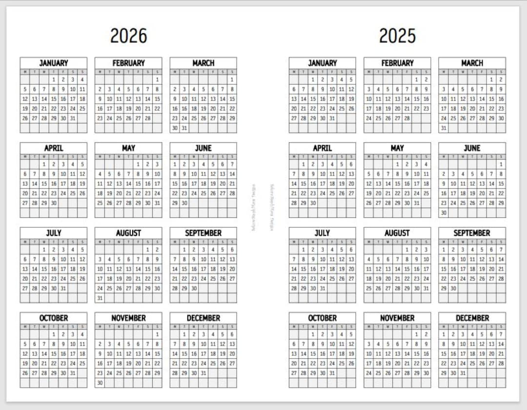 Printable 2025 & 2026 Year on 1 Page Calendar (v2) | Standard TN ...