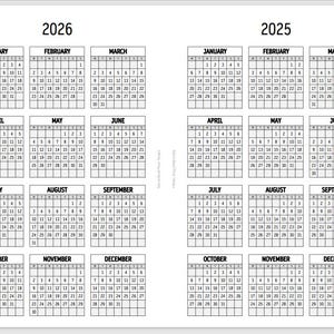 Printable 2025 & 2026 Year on 1 Page Calendar (v2) | Standard TN ...