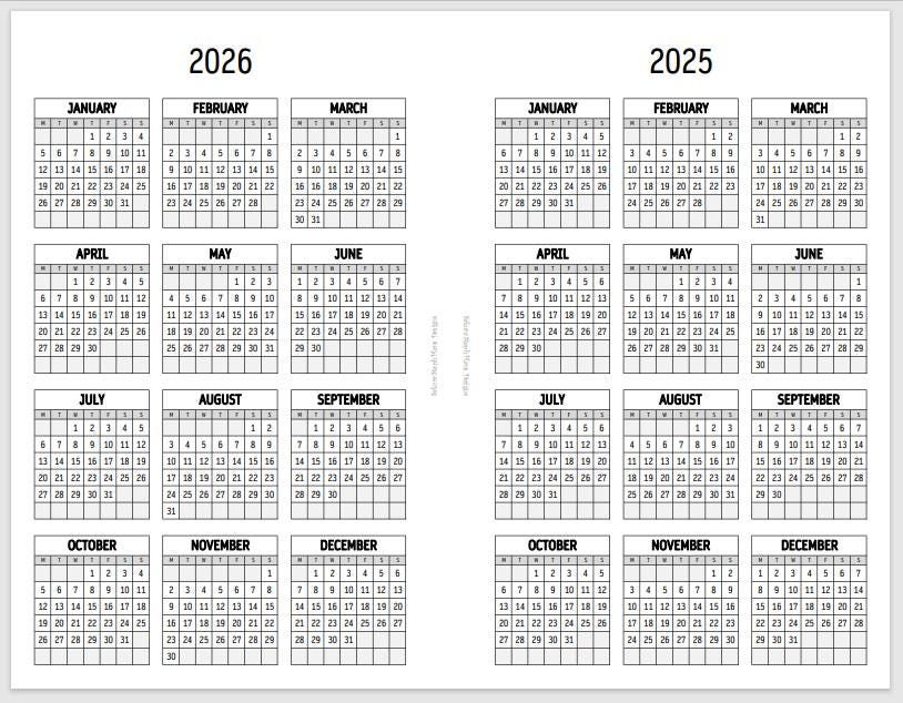 Printable 2025 & 2026 Year on 1 Page Calendar (v2) | Standard TN ...