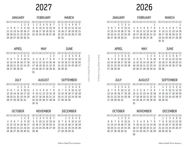 Printable 2026 & 2027 Year on 1 Page Calendar (v2) | Standard TN ...