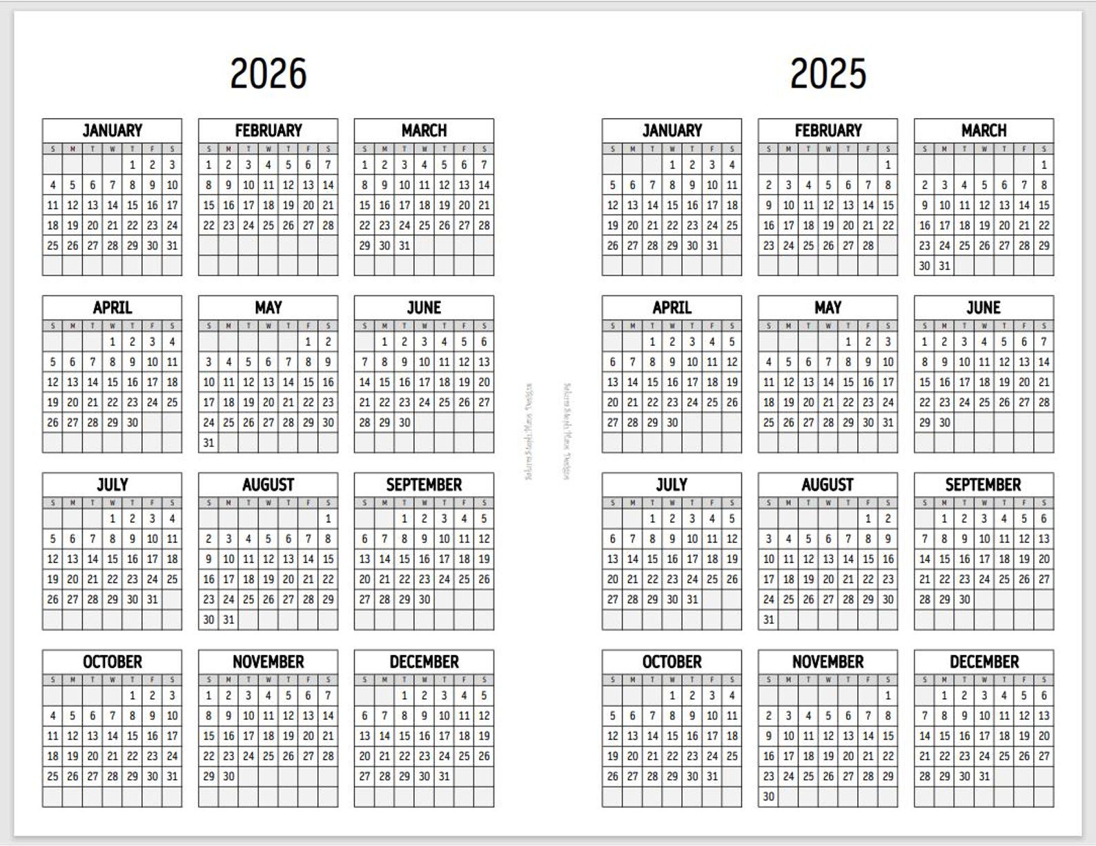Printable 2025 & 2026 Year on 1 Page Calendar (v2) | Standard TN ...