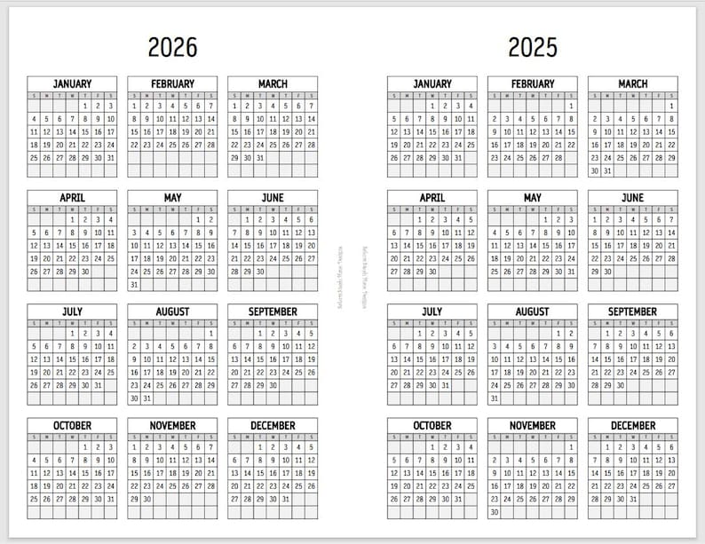 Printable 2025 & 2026 Year on 1 Page Calendar (v2) | Standard TN ...