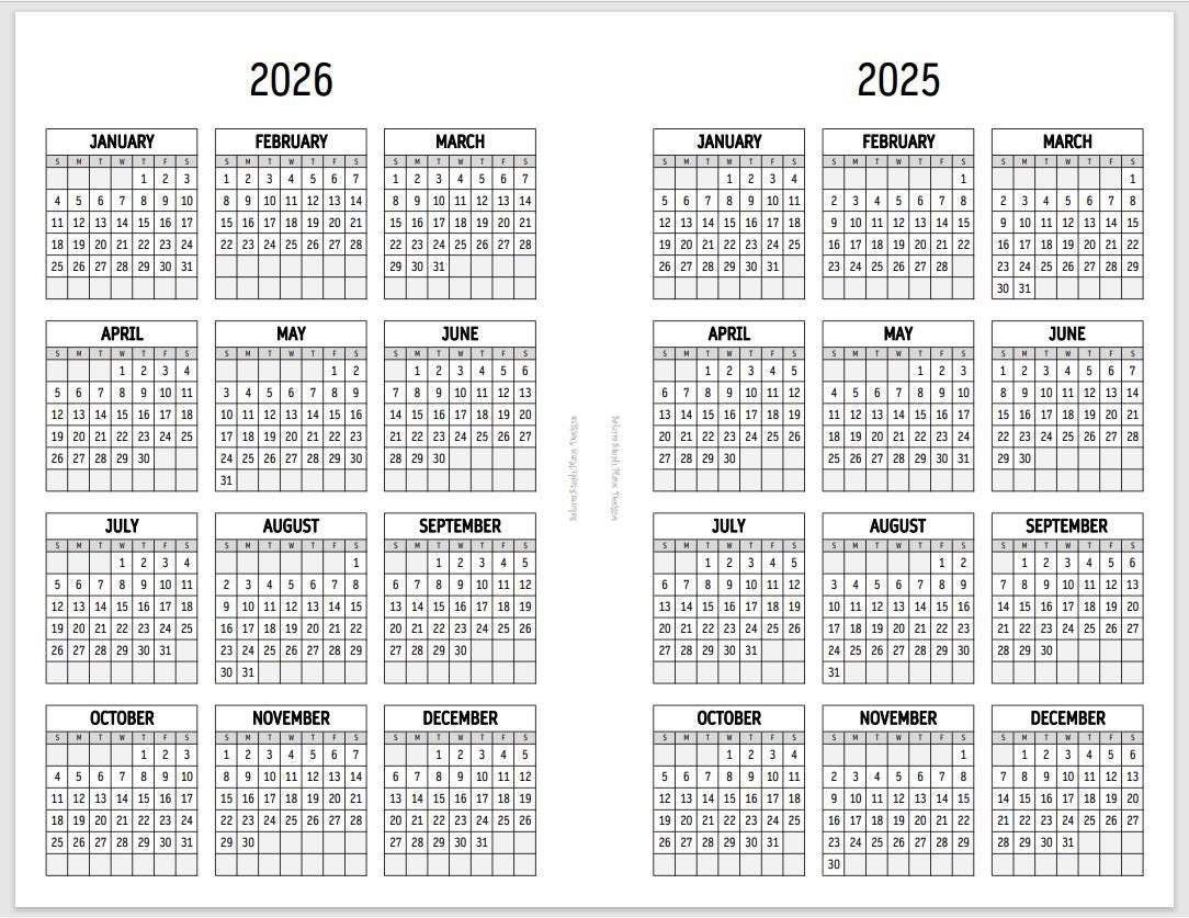 Printable 2025 & 2026 Year on 1 Page Calendar (v2) | Standard TN ...