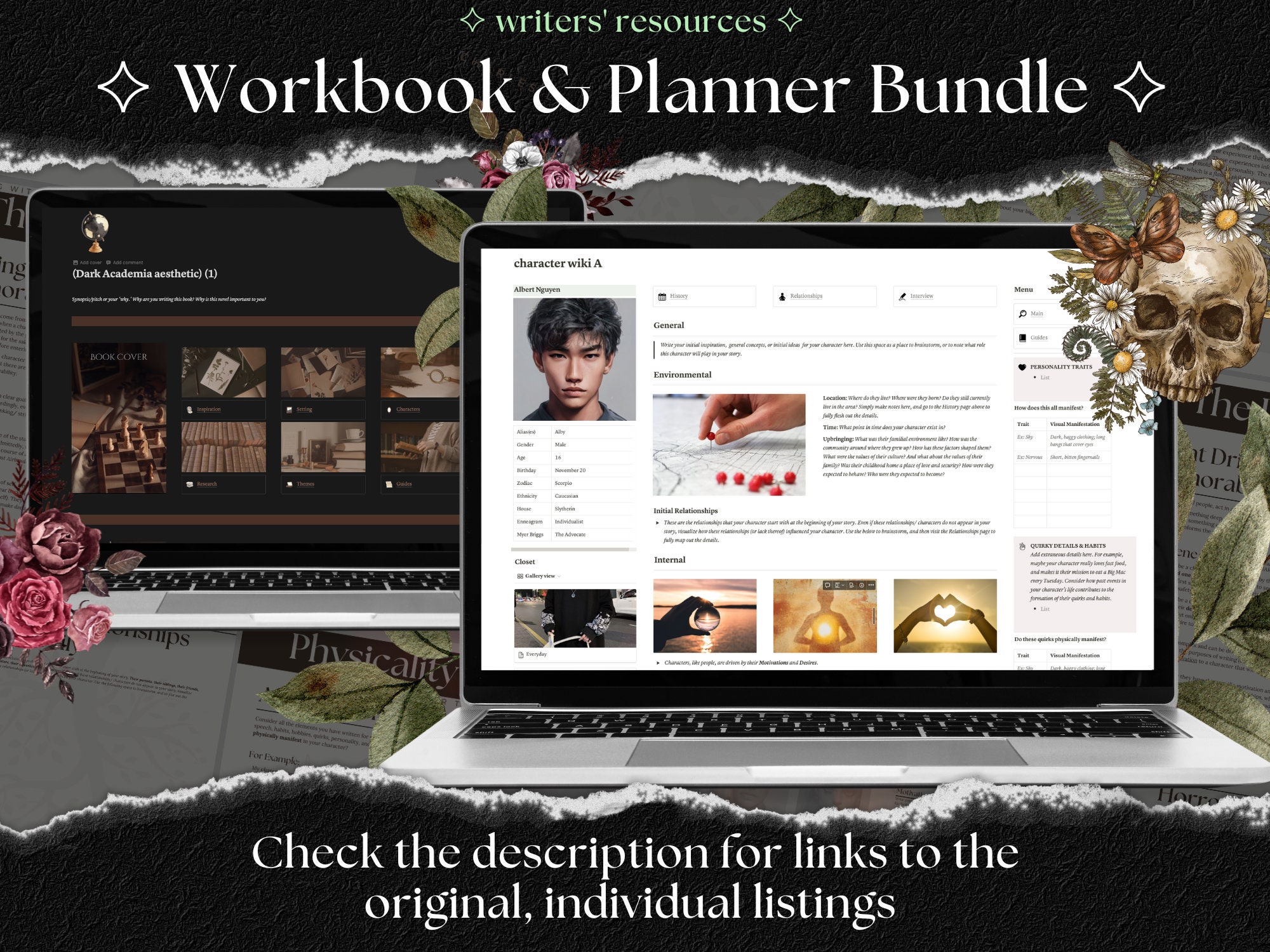 Novel Writing Notion Template & Character Workbook BUNDLE Dark Academia ...