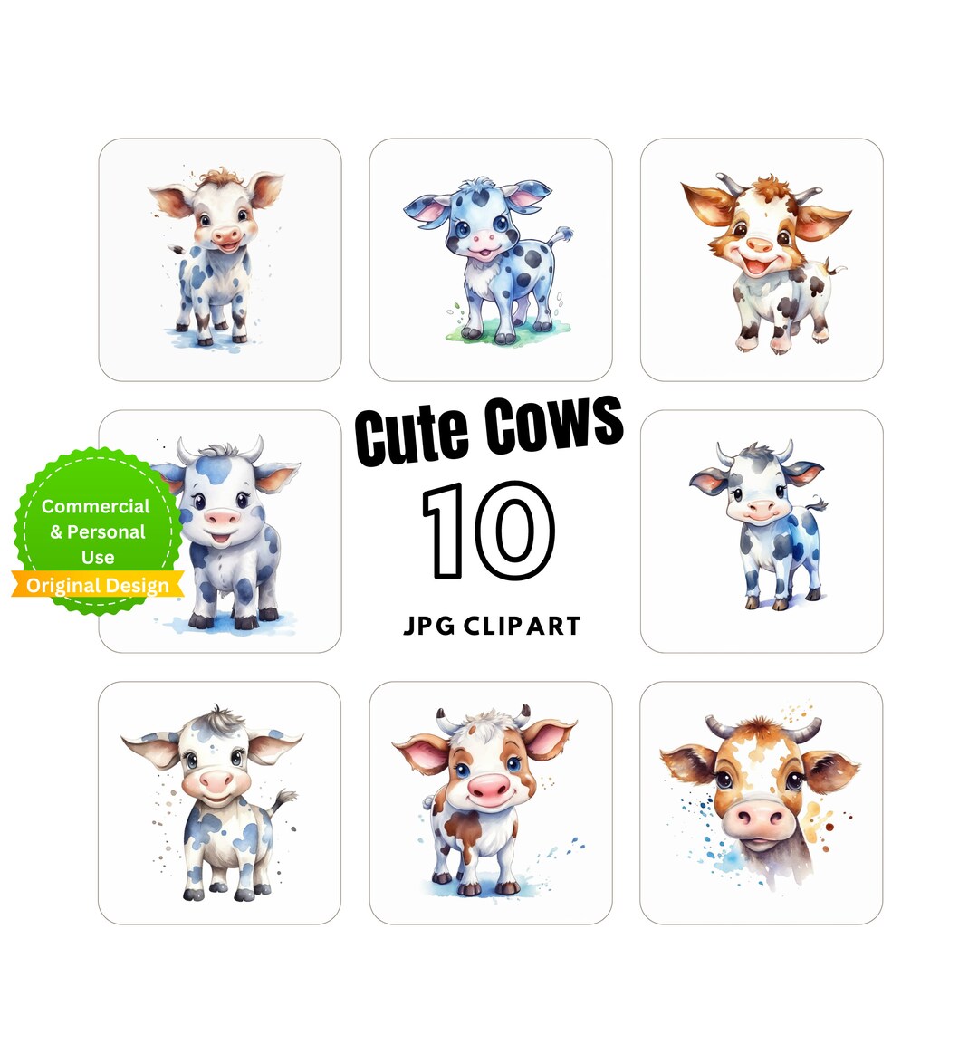 Cute Cow Clipart Collection - 10 Clipart Image, Animal Design -for Card ...