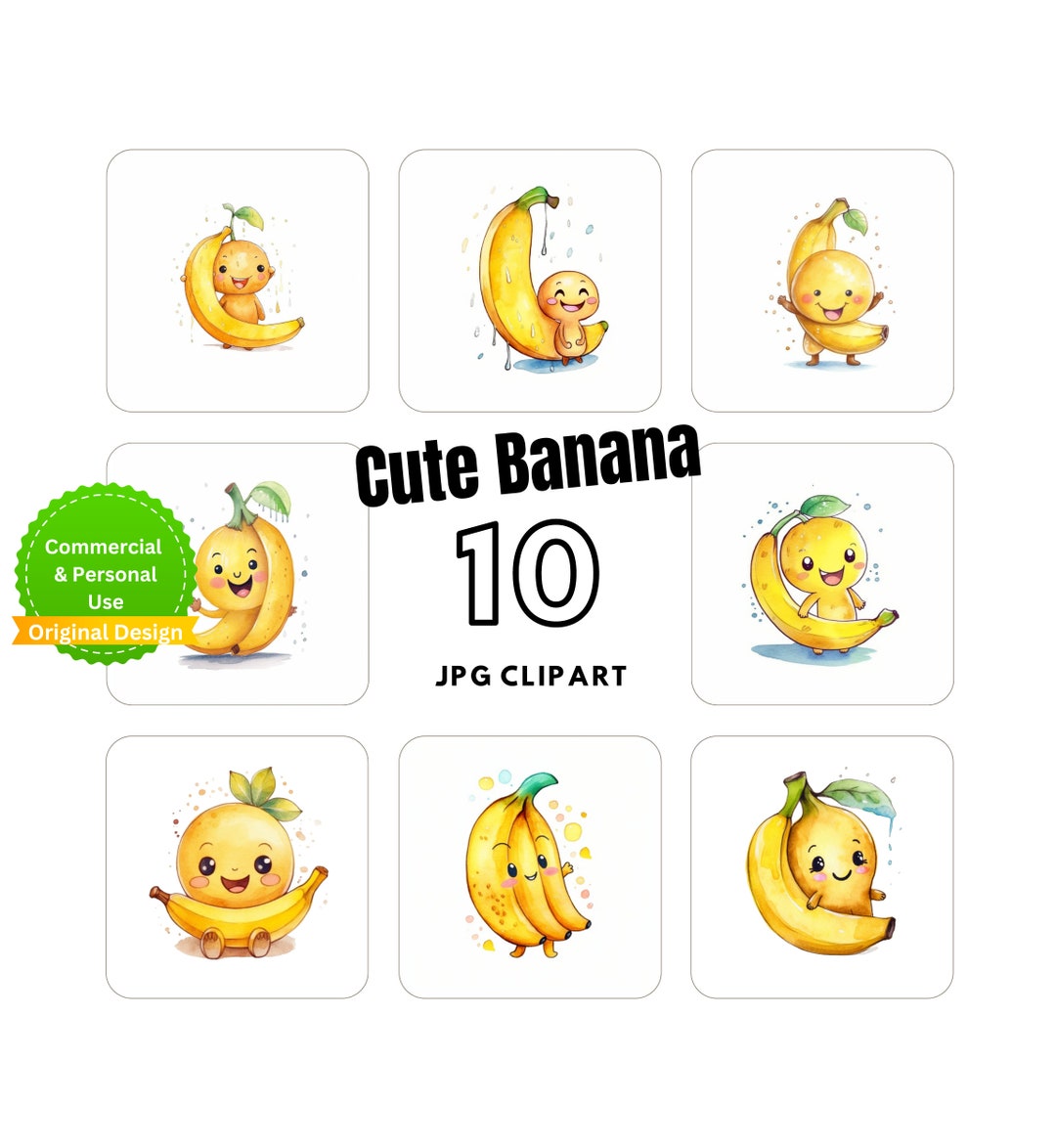 Cute Banana Clipart Collection - 10 Clipart Image, Kawaii Design -for ...
