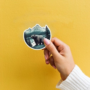Bear Sticker | Mountains Scene, Rustic Vinyl Decal for Water Bottles ...