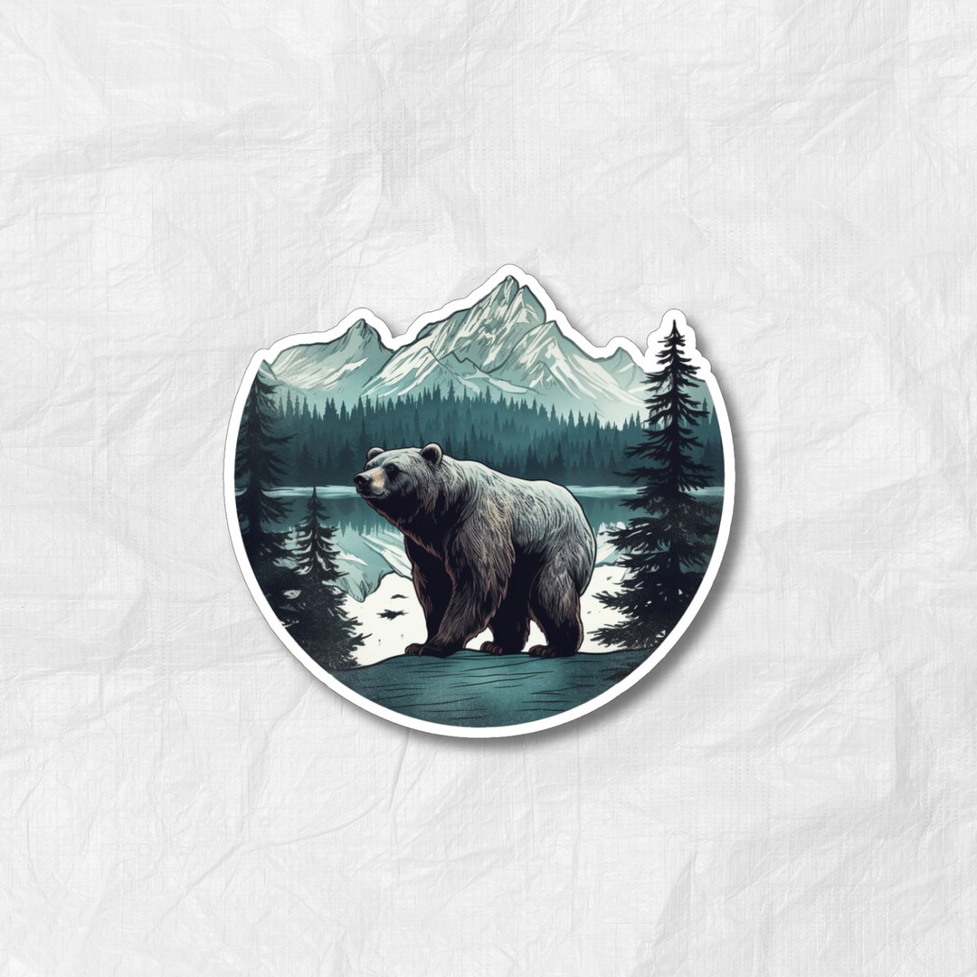 Bear Sticker | Mountains Scene, Rustic Vinyl Decal for Water Bottles ...