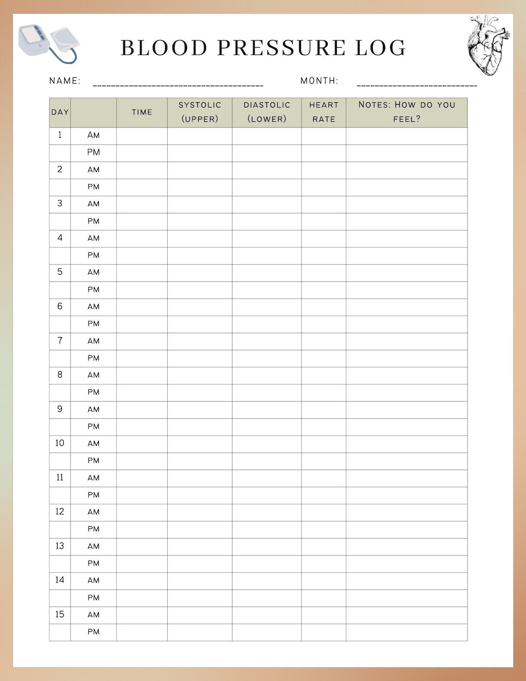 Blood Pressure Log - Etsy