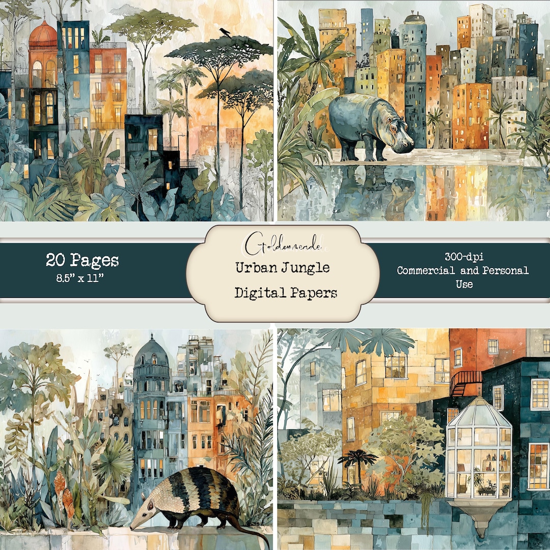 Urban Jungle Digital Paper Set: Wildlife, Cityscapes, Tropical ...
