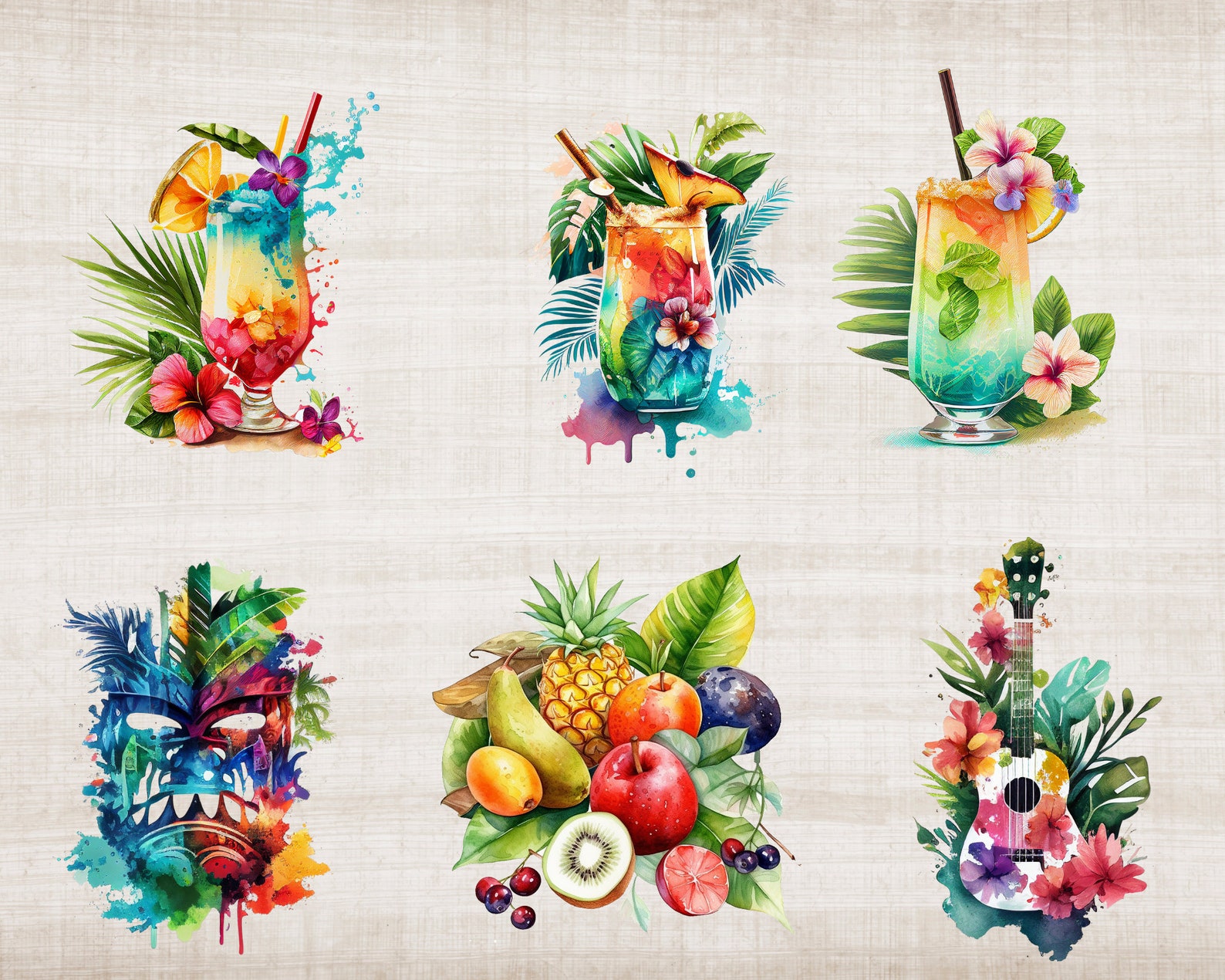 Watercolor Hawaii Clipart, Summer Vacation, Aloha Hawaii Watercolor Set ...