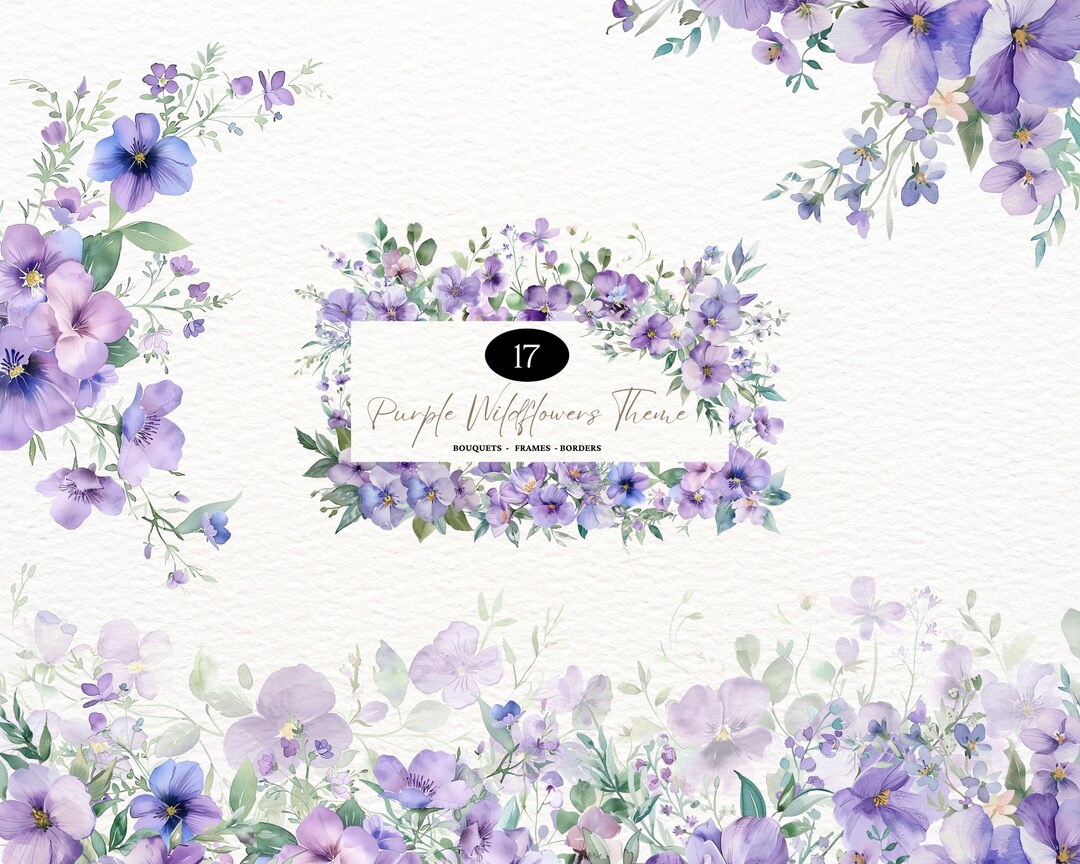 Watercolor Purple Flowers Wild Floral Clipart Dusty Violet Flowers ...