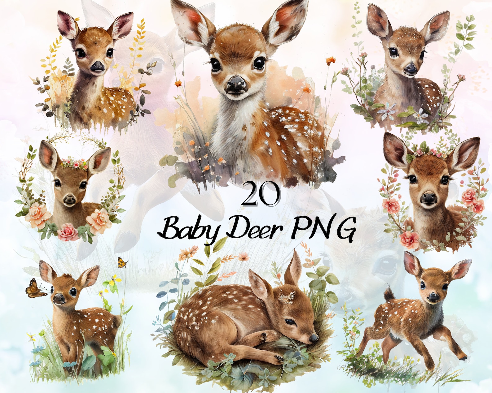 Watercolor Kawaii Fawn Clipart Bundle Commercial Use Cute - Etsy