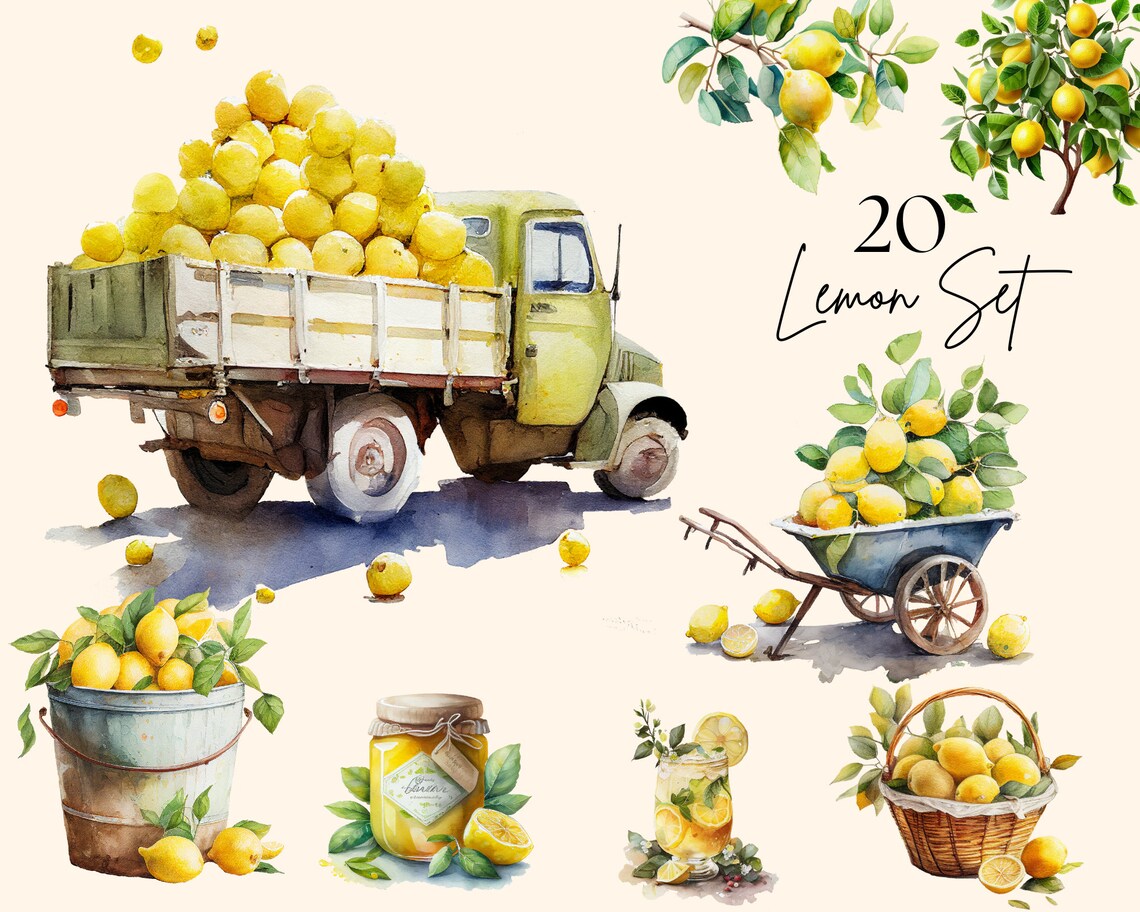 20 Lemon Watercolor Clipart Bundle Lemon Truck Clipart - Etsy