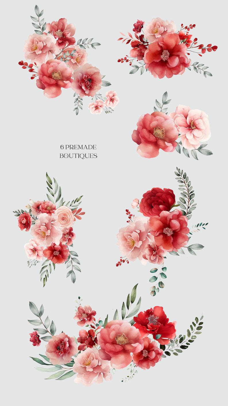 Watercolor Red and Blush Flowers Clipart, Red Floral Clipart, Red ...