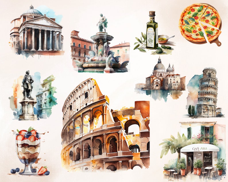 Watercolor Italy Clipart Bundle, Italy PNG, Italy Travel Clipart Bundle ...