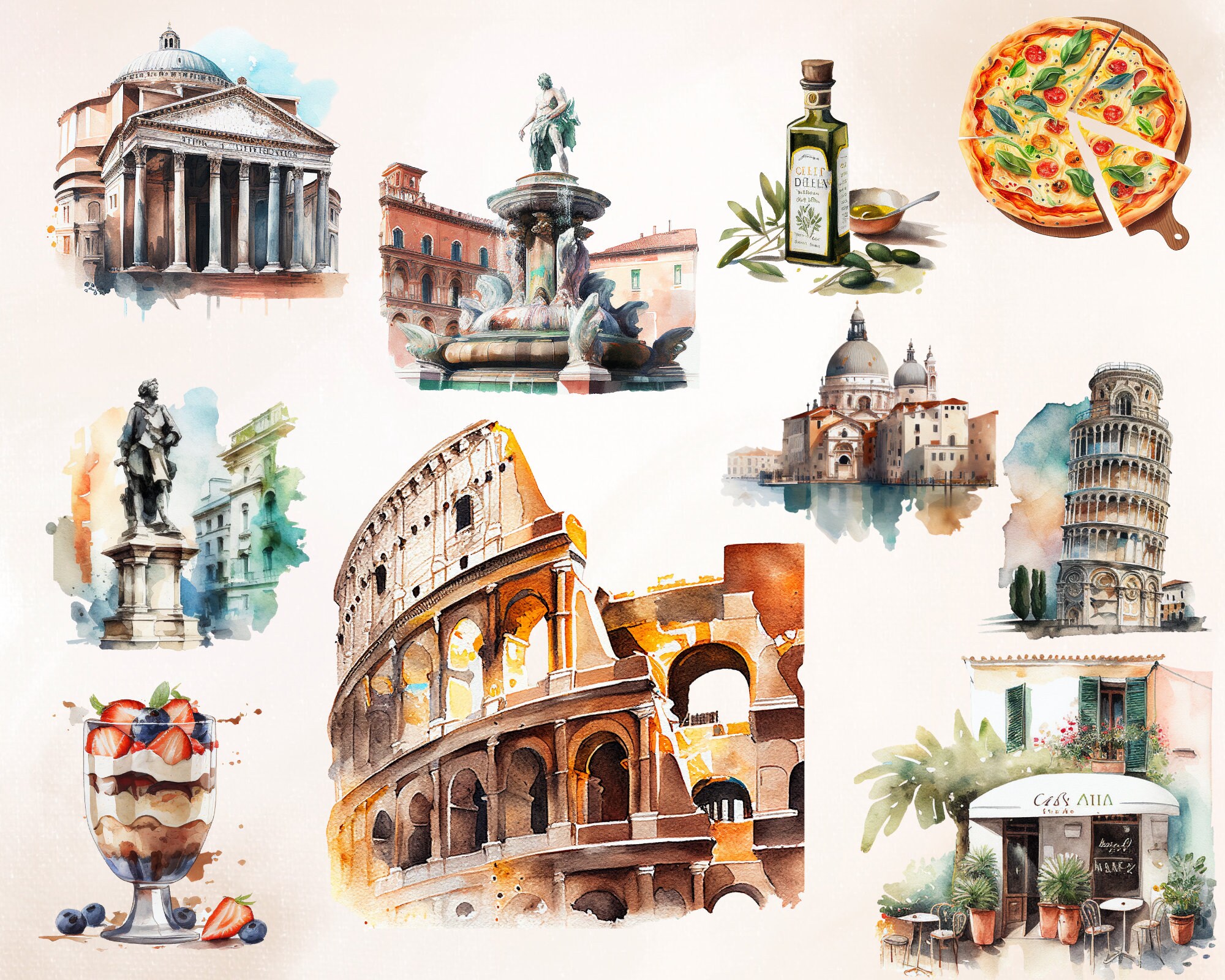 Watercolor Italy Clipart Bundle, Italy PNG, Italy Travel Clipart Bundle ...