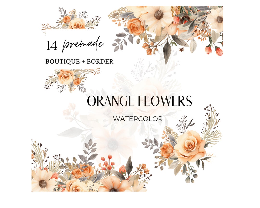Watercolor Boho Orange Flowers Clipart, Watercolor Boho Flower, Boho ...