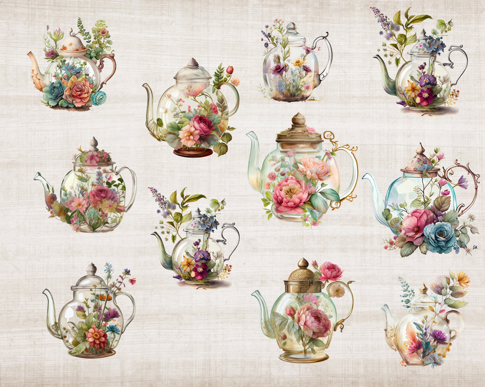 24 Watercolor Tea Time Clipart, Vintage Flowers Teapot Clipart, Tea ...