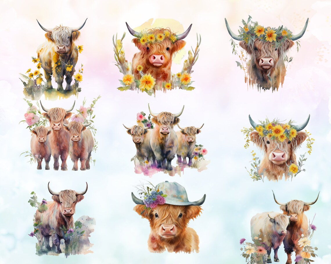 Watercolor Highland Cow PNG Watercolor Highland Cow Clipart - Etsy