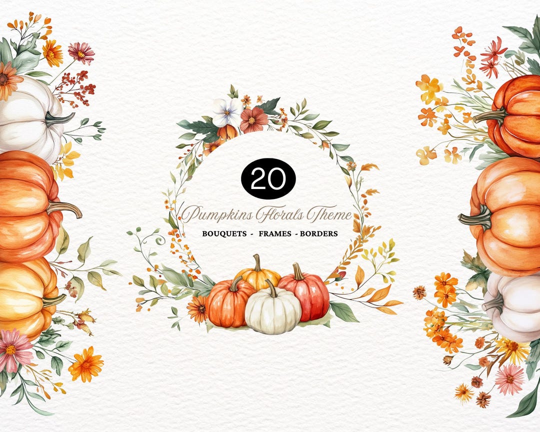 Pumpkins and Flowers Watercolor Autumn Clipart Autumn Bouquets Fall ...