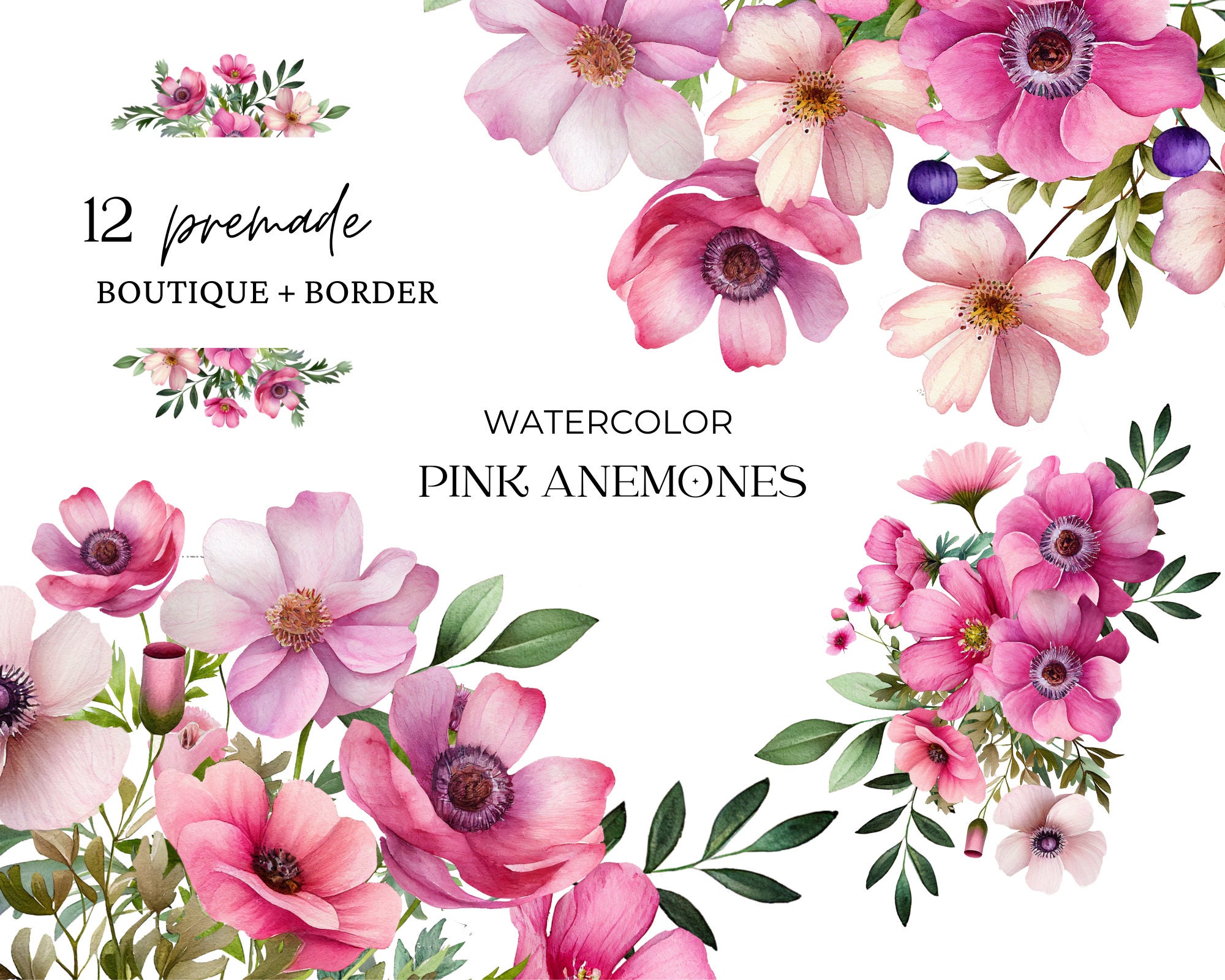 Watercolor Anemones Clipart Pink Anemones Flowers Flowers - Etsy