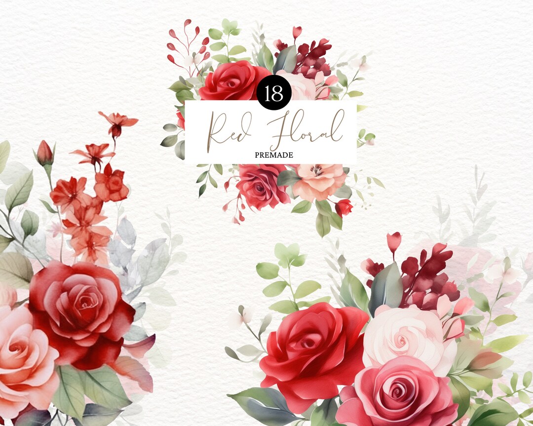 Watercolor Red and Blush Flowers Clipart Red Floral Clipart Red Flowers ...