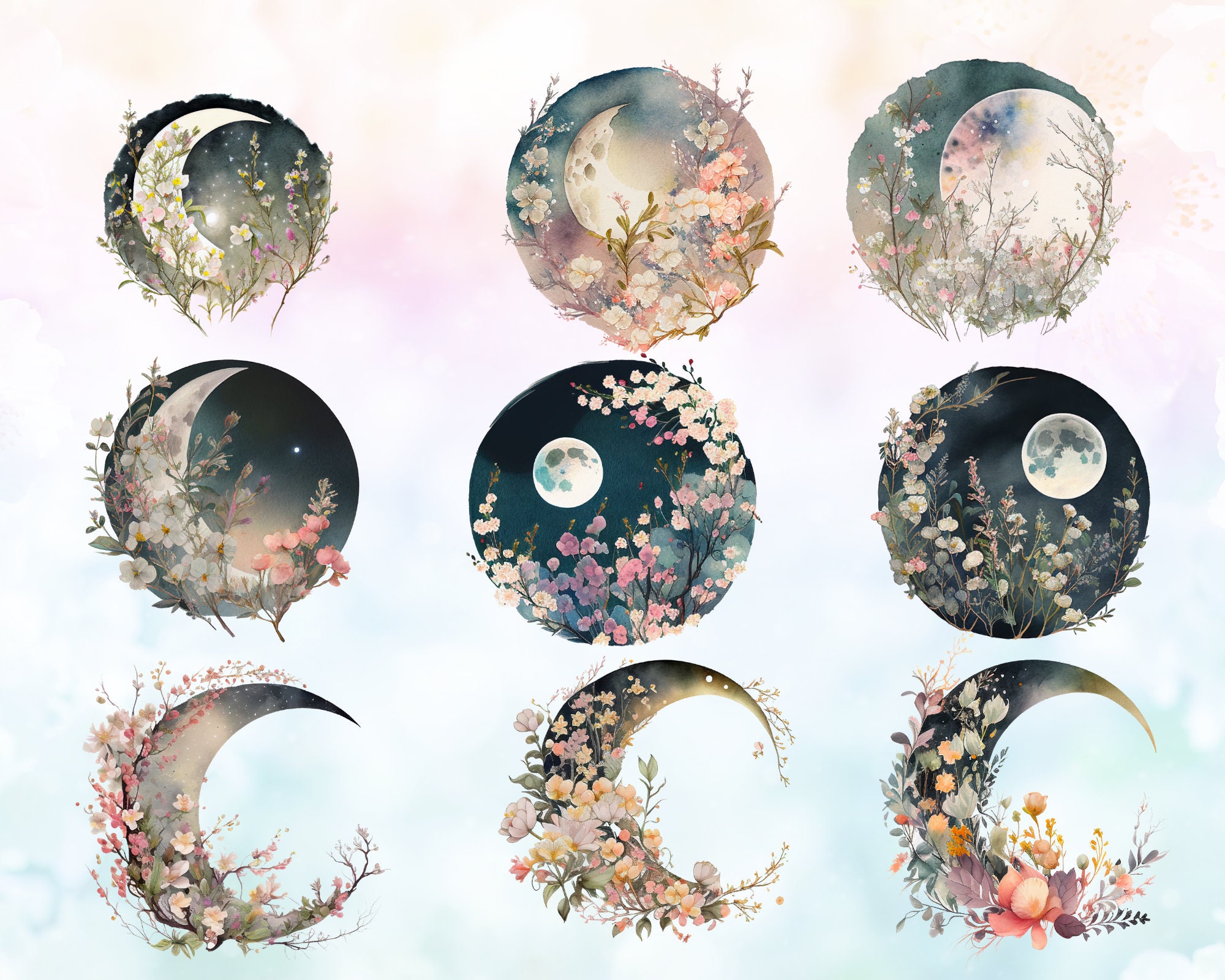 Watercolor Floral Moons Clipart Bundle, Floral Crescent Moons PNG ...