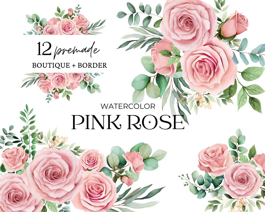 Watercolor Roses Clipart, Light Pink Flower Clipart, Eucalyptus Clipart ...