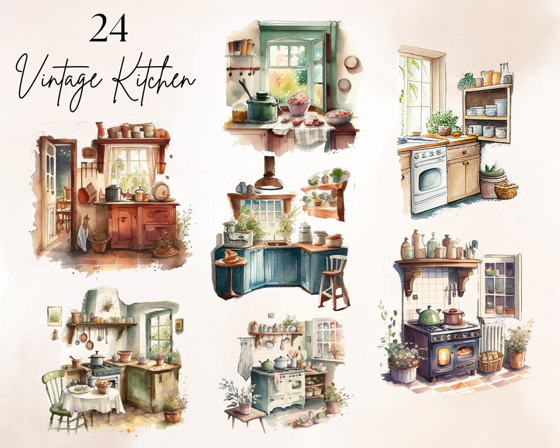 24 Watercolour Cottagecore Kitchen Clipart Bundle, Retro Kitchen ...