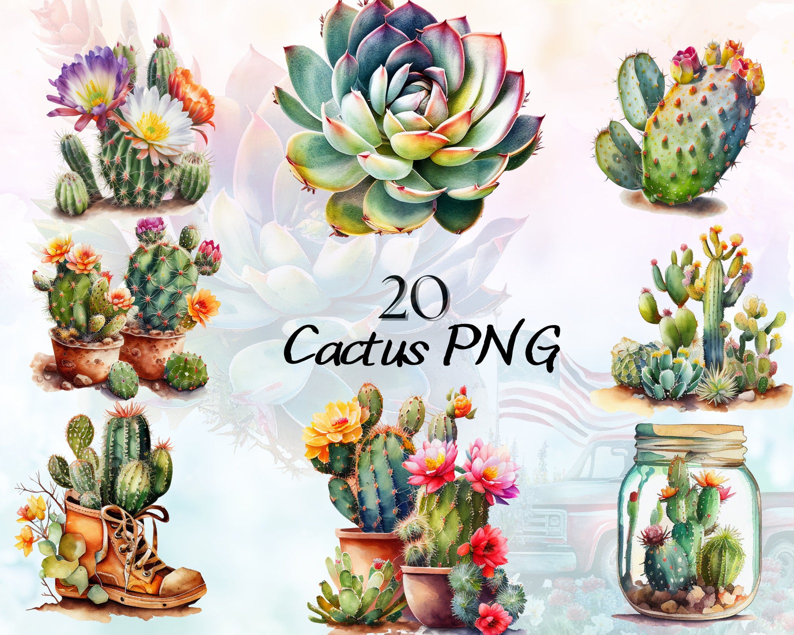 Watercolor Cactus Clipart Bundle, Potted Succulent PNG, Mexican Cactus ...