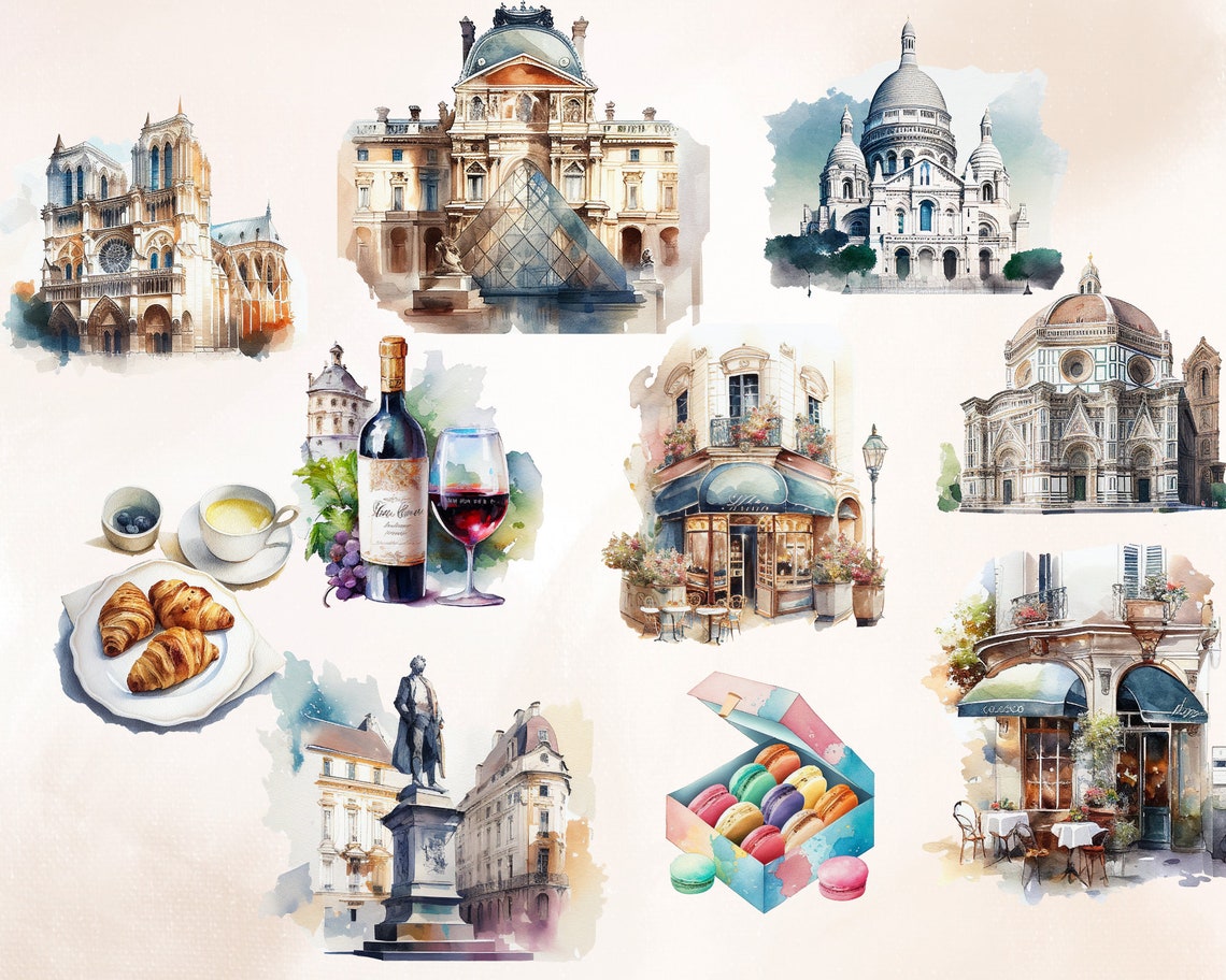 Watercolor Paris Clipart Bundle France PNG France Travel - Etsy