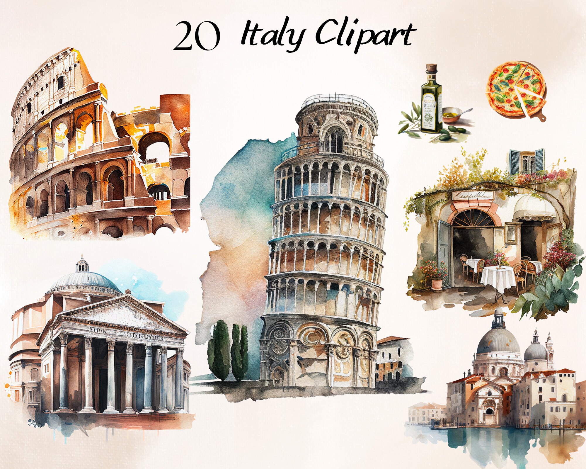 Watercolor Italy Clipart Bundle, Italy PNG, Italy Travel Clipart Bundle ...