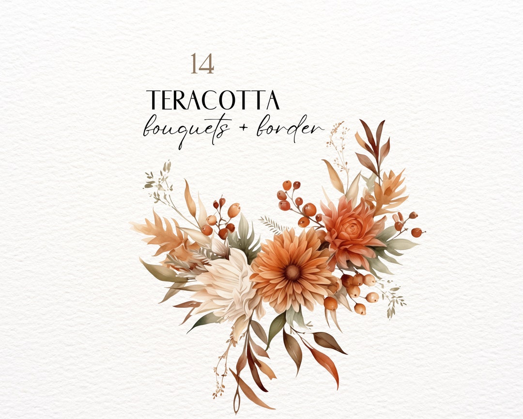 Watercolor Terracotta Floral Clipart, Orange & Brown Neutral Floral ...