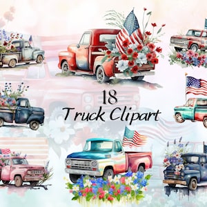 Watercolor Patriotic Truck Clipart Bundle, 4th of July Watercolor ...