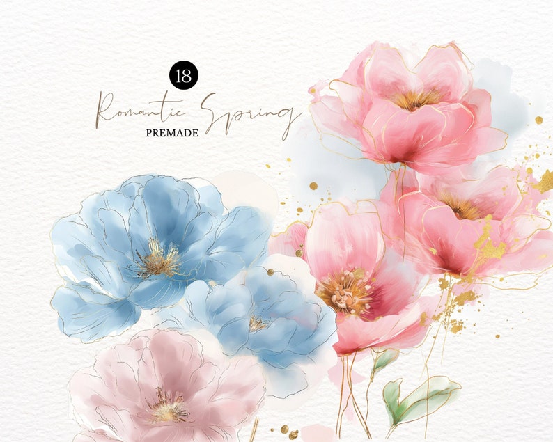 Watercolor Abstract Flowers Clipart Blue Pink Gold Flower PNG Peonies ...
