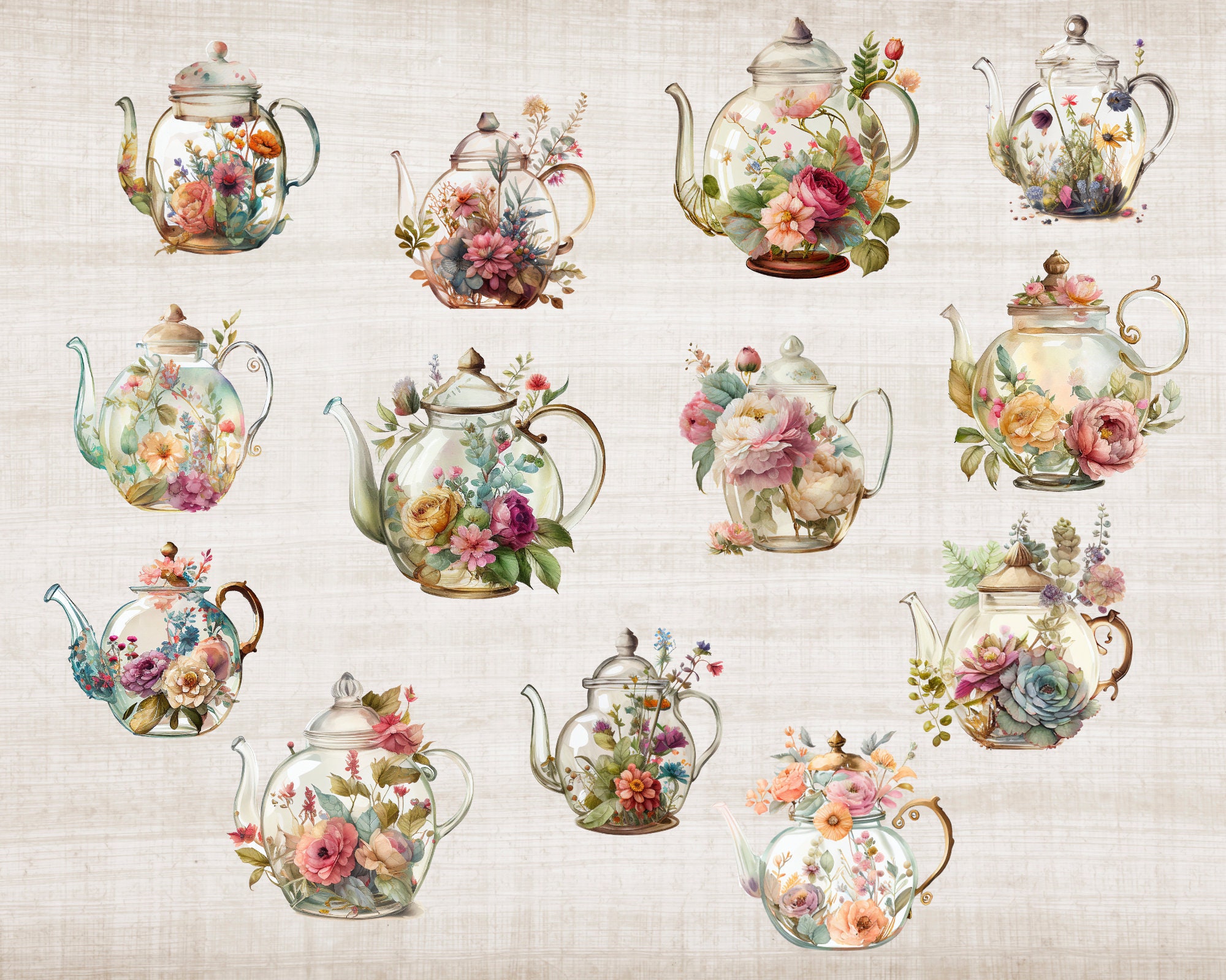 24 Watercolor Tea Time Clipart, Vintage Flowers Teapot Clipart, Tea ...