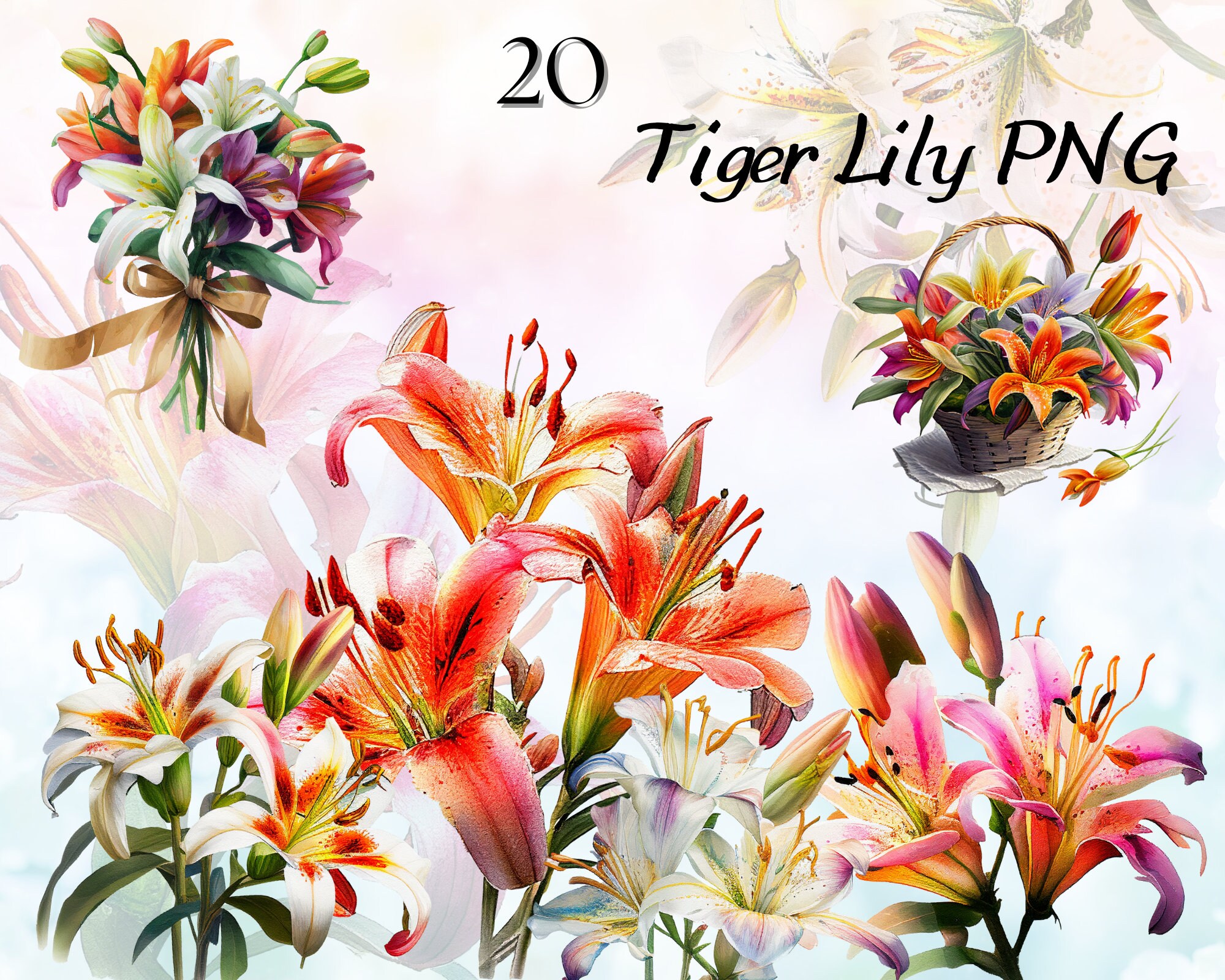 Watercolor Pink Tiger Lily Clipart Bundle Orange Flower Lily - Etsy