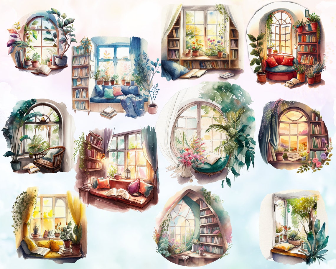 Watercolor Reading Nook Clipart Bundle Bookworm Book PNG - Etsy