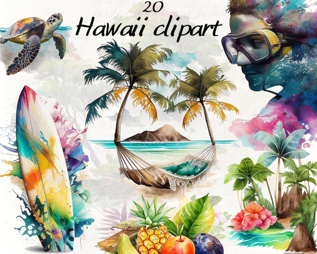 Watercolor Hawaii Clipart, Summer Vacation, Aloha Hawaii Watercolor Set ...