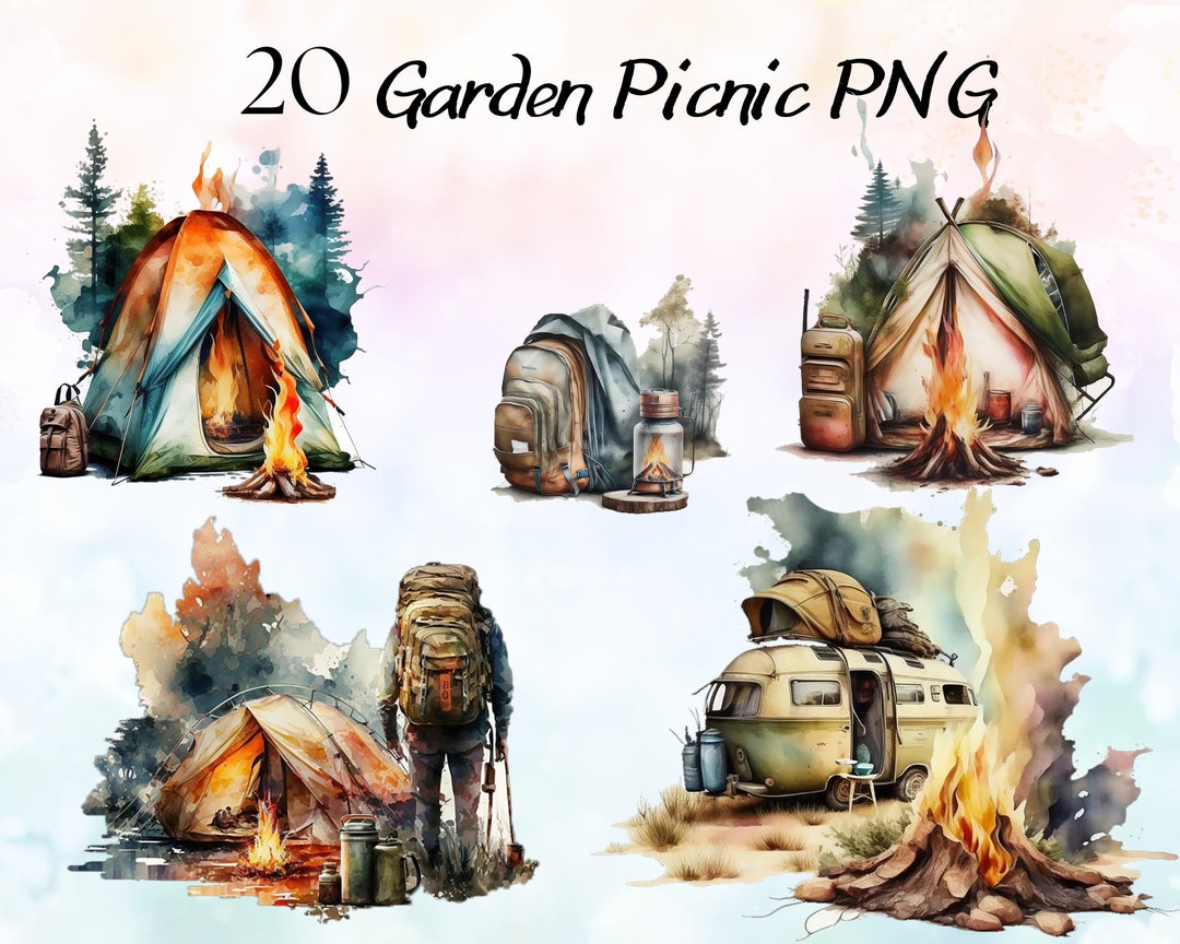 Watercolor Camping Clipart Bundle, Camper Van Clipart, Outdoor Camp PNG ...