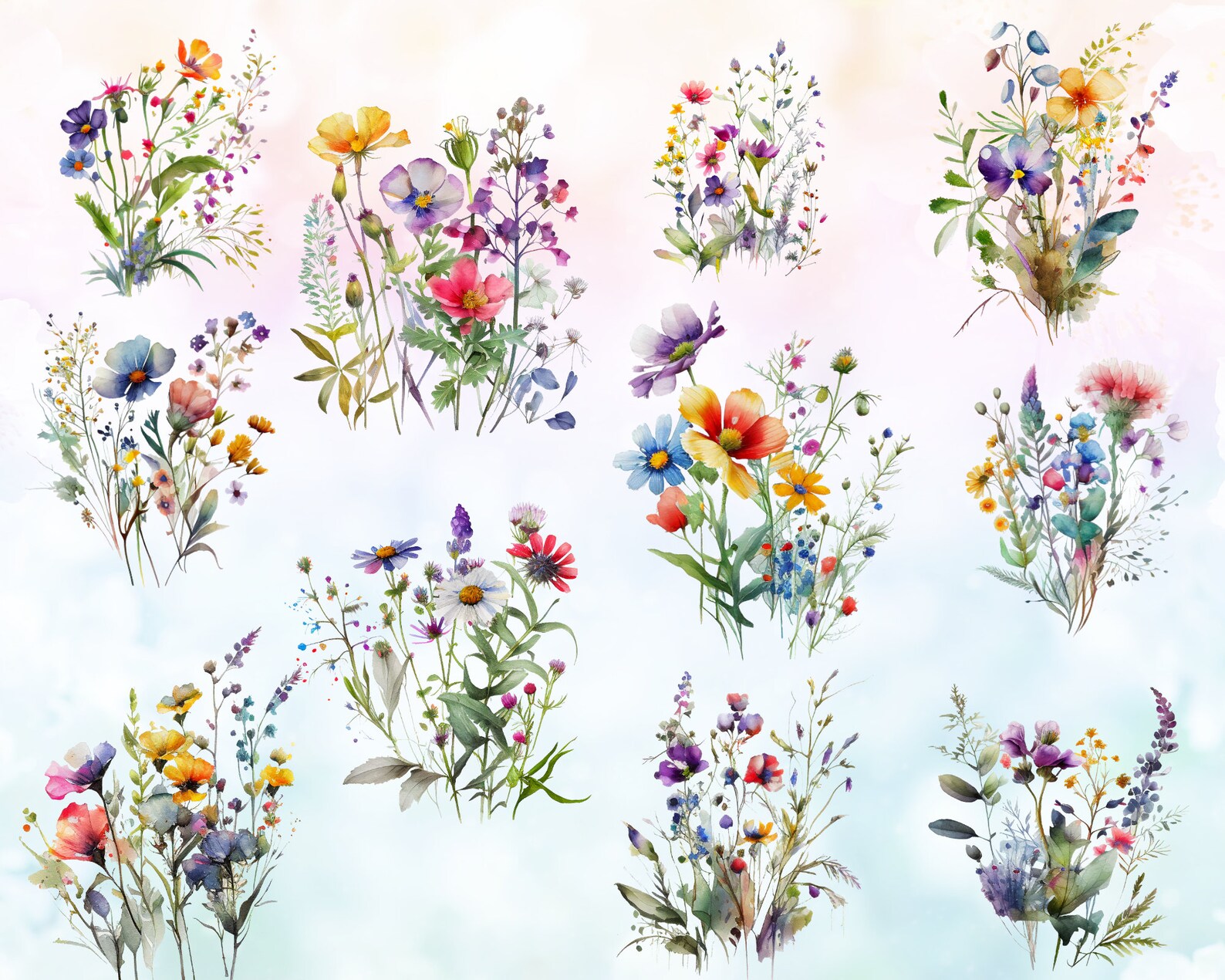 Watercolor Wildflower Clipart, Watercolor Spring Flowers PNG, Floral ...