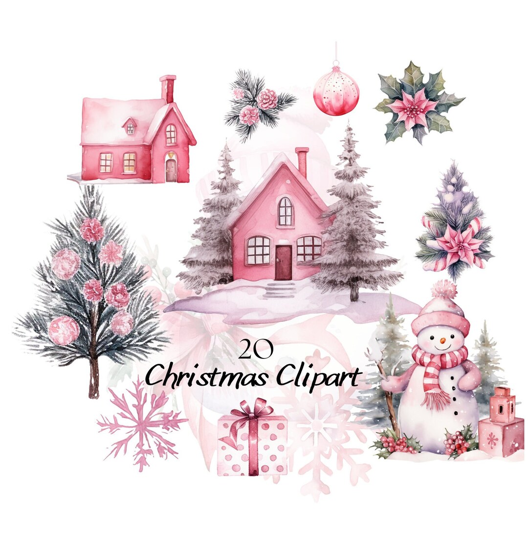 Watercolor Pink Christmas Clipart, Pink Christmas Decor, Pink Christmas ...