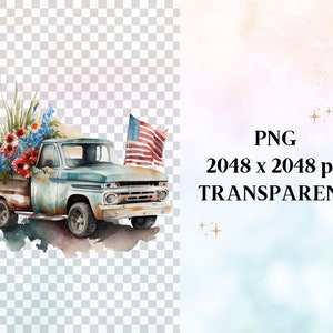 Watercolor Patriotic Truck Clipart Bundle, 4th of July Watercolor ...