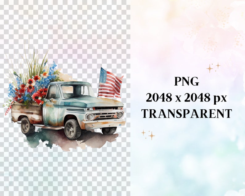 Watercolor Patriotic Truck Clipart Bundle, 4th of July Watercolor ...