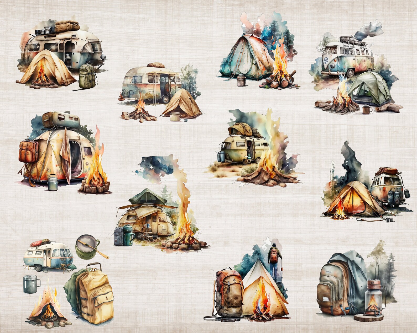 Watercolor Camping Clipart Bundle Camper Van Clipart Outdoor - Etsy