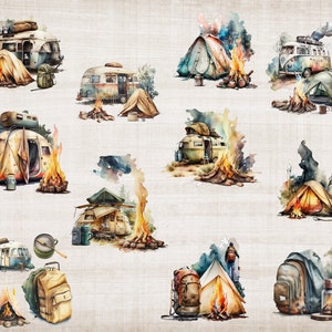 Watercolor Camping Clipart Bundle, Camper Van Clipart, Outdoor Camp PNG ...