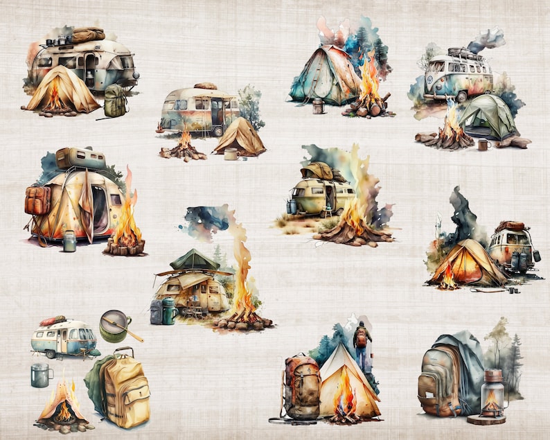 Watercolor Camping Clipart Bundle, Camper Van Clipart, Outdoor Camp PNG ...