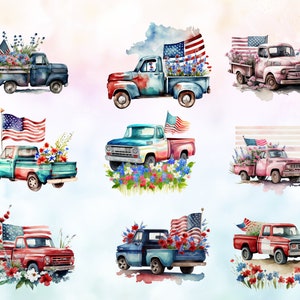 Watercolor Patriotic Truck Clipart Bundle, 4th of July Watercolor ...